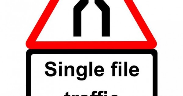 Road Narrows Single File with Sign Frame